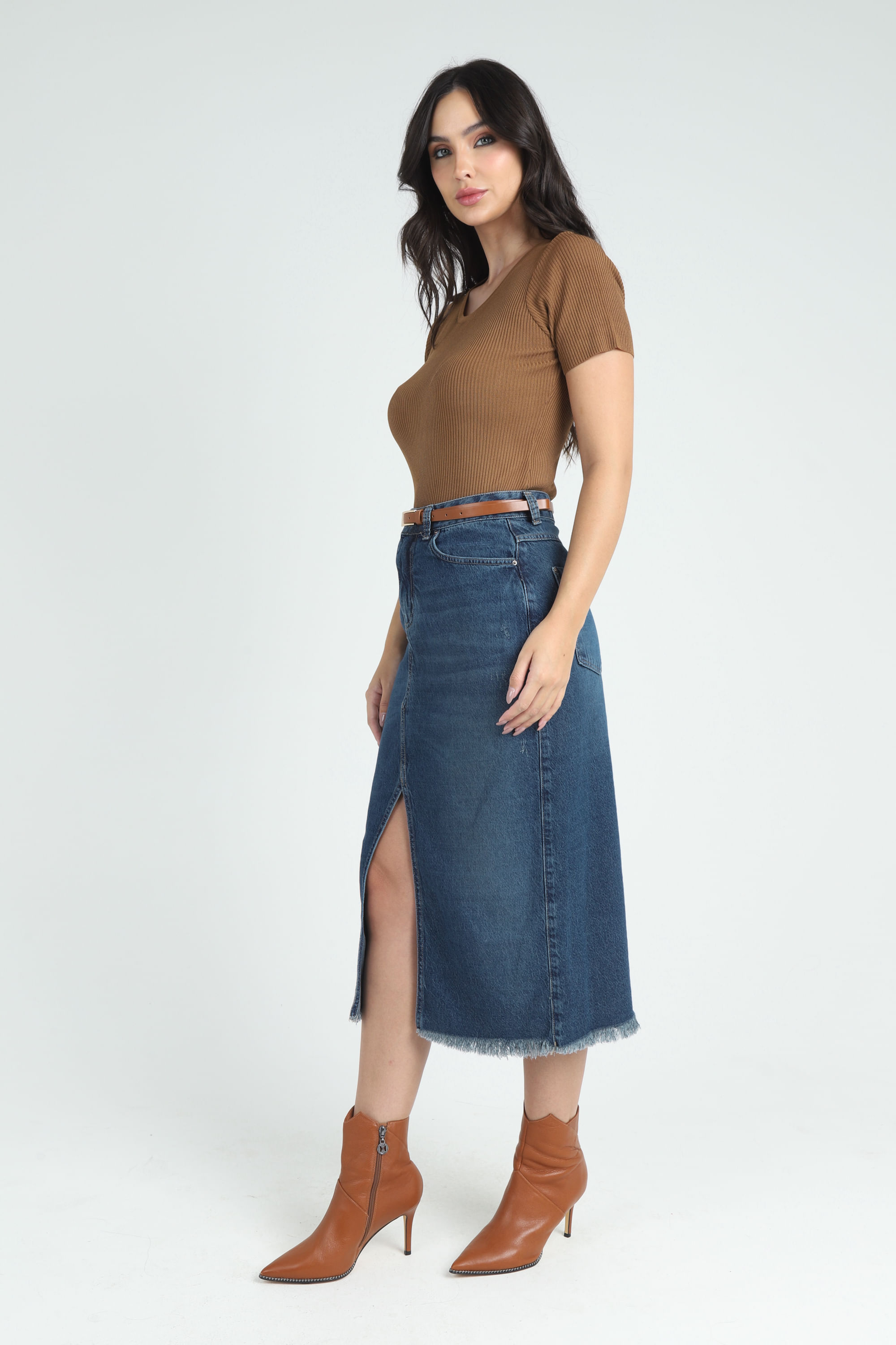 Saia Jeans Midi Barra Desfiada - Gazzy