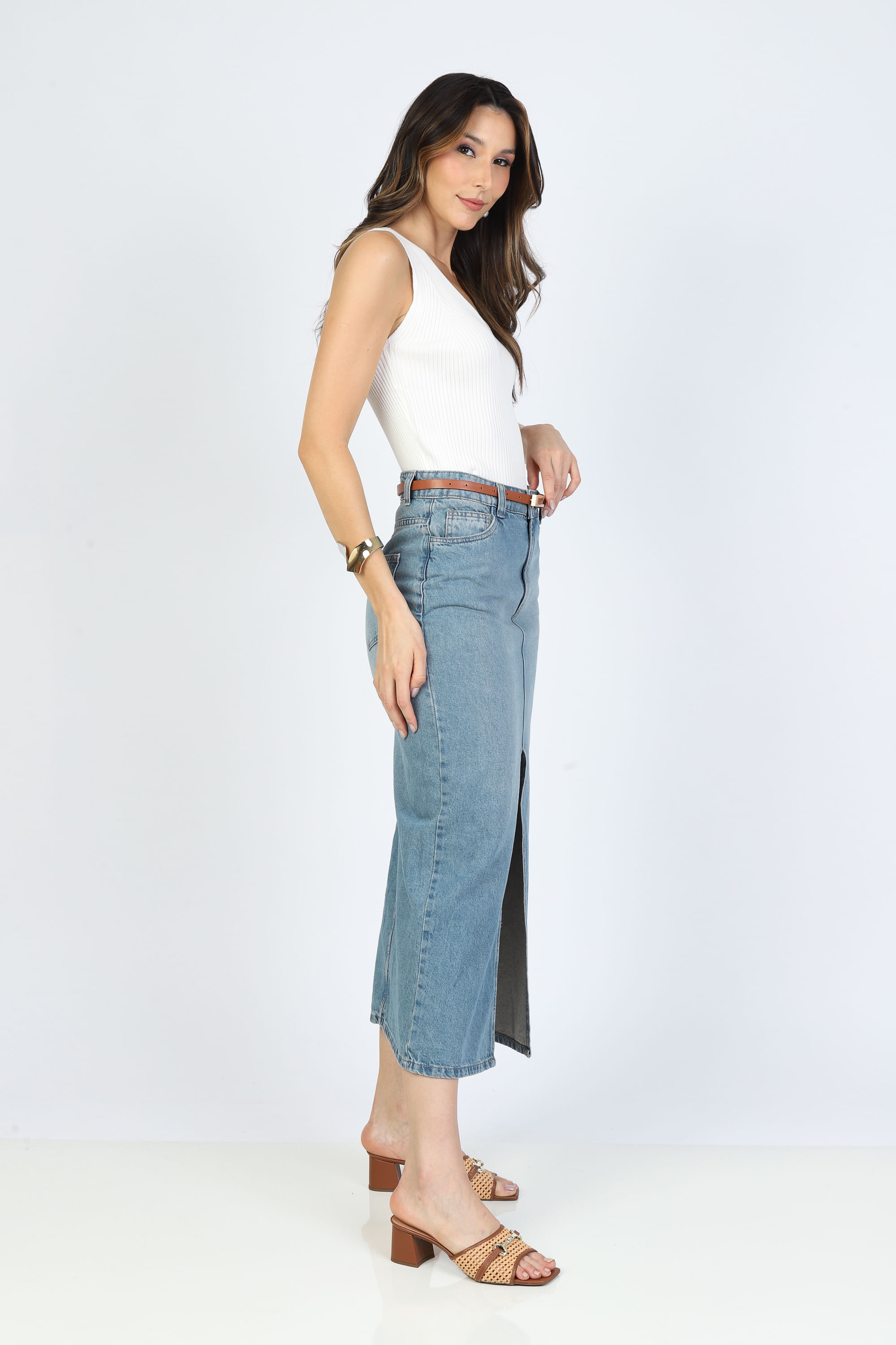 Saia Jeans Midi com Fenda - Gazzy