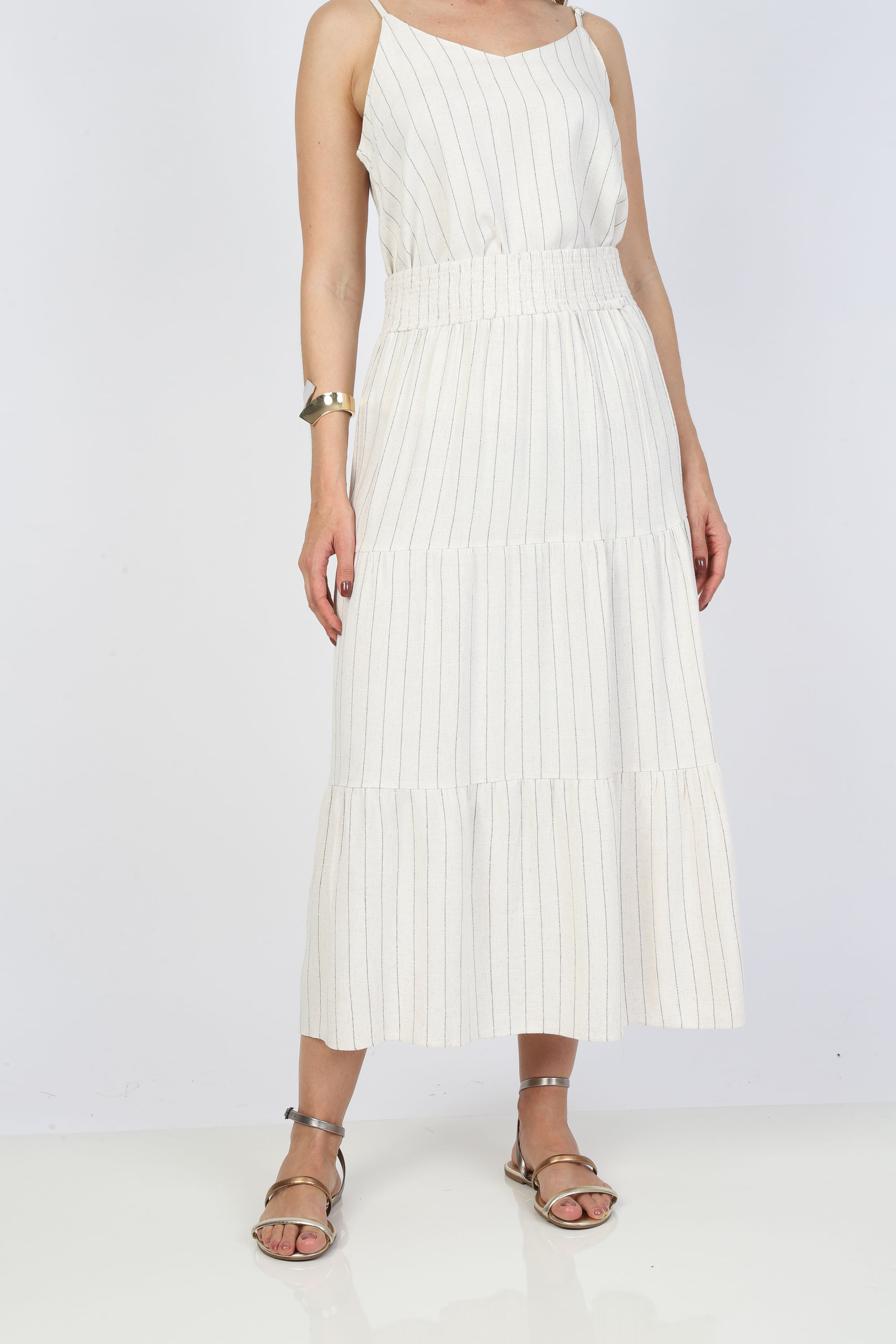 Saia Midi Risca de Giz Natural Linho Misto - Gazzy