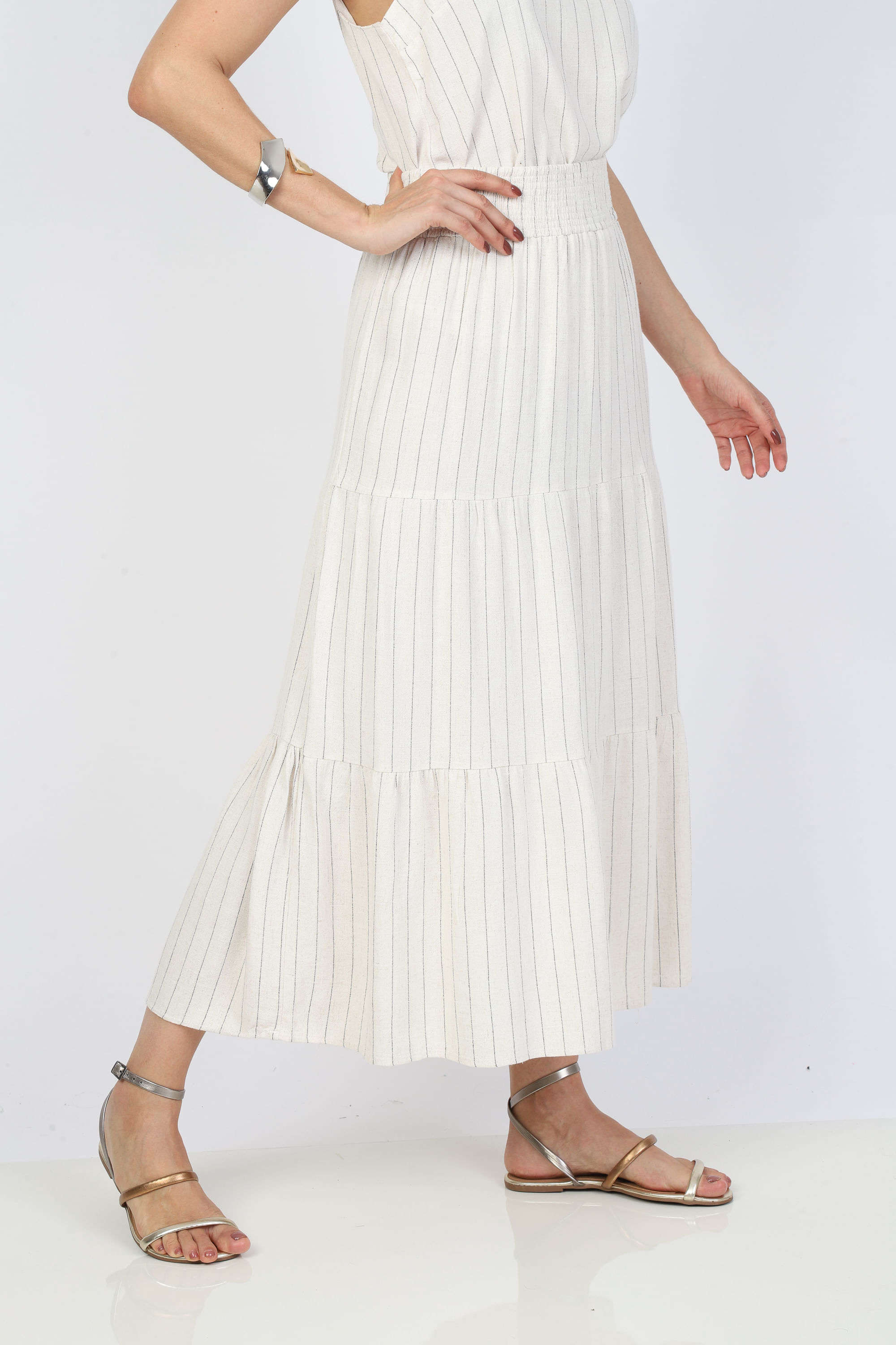Saia Midi Risca de Giz Natural Linho Misto - Gazzy