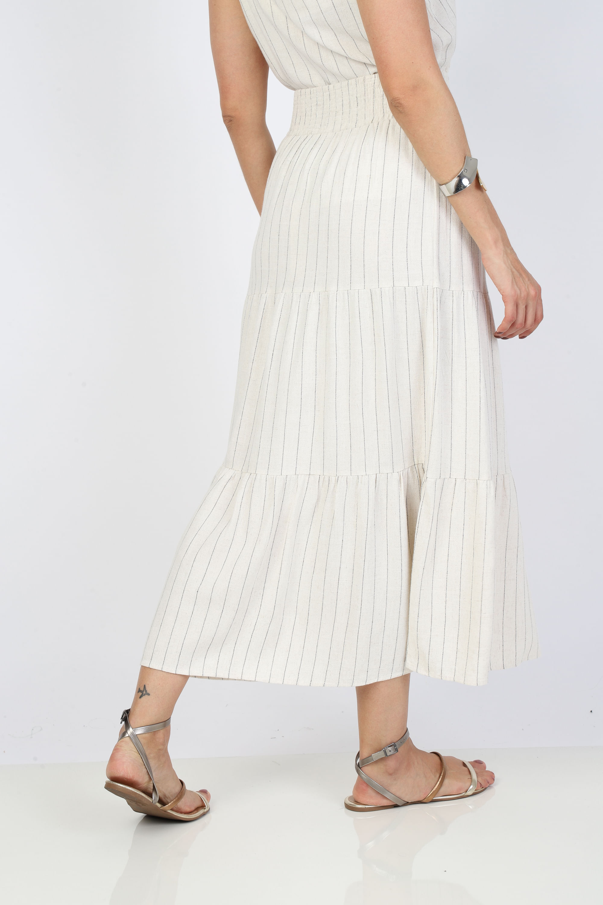 Saia Midi Risca de Giz Natural Linho Misto - Gazzy
